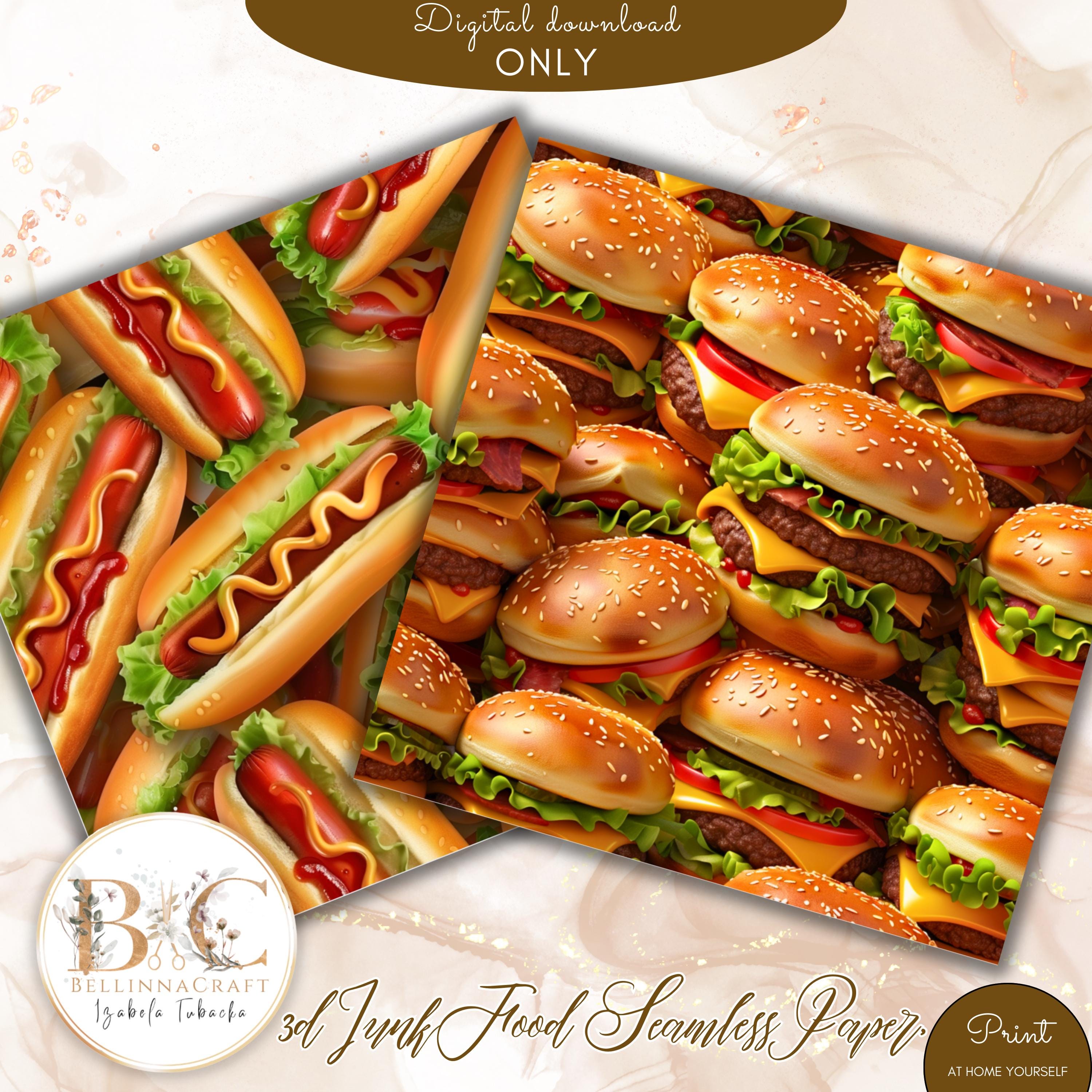 3D Junk Food Seamless Digital Paper Pack, Fast Food Patterns With ...
