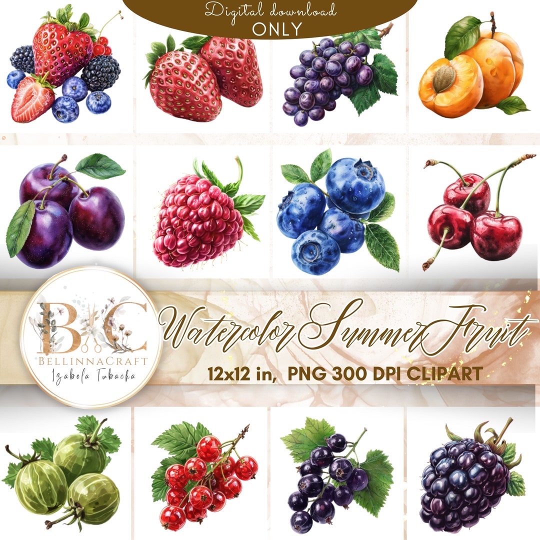 Watercolor Summer Fruit Clipart, Berry Clipart Bundle, Watercolor ...