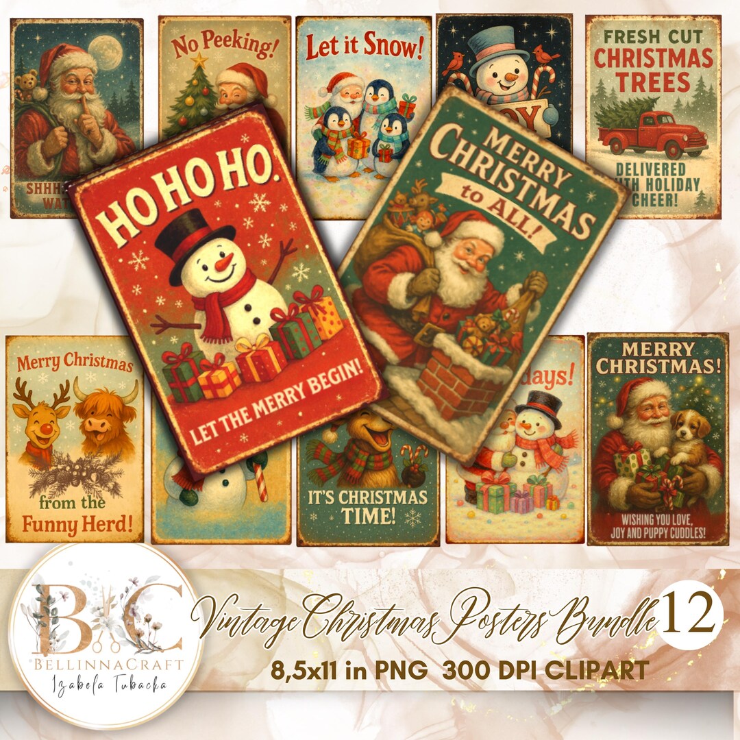 Vintage Christmas Poster Bundle, Retro Xmas Wall Art Prints, Christmas ...