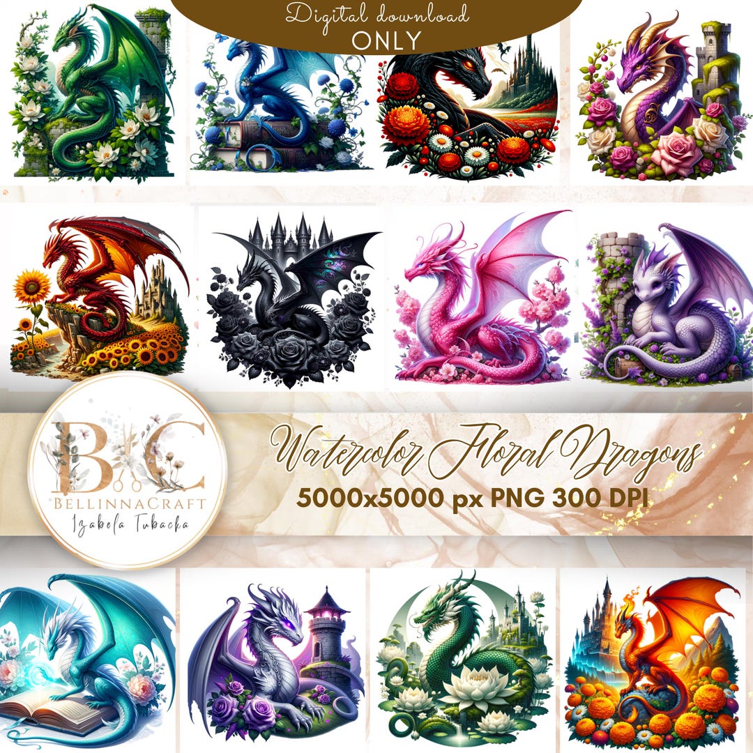 Watercolor Floral Dragons Clipart, Magical Fairytale Illustrations ...