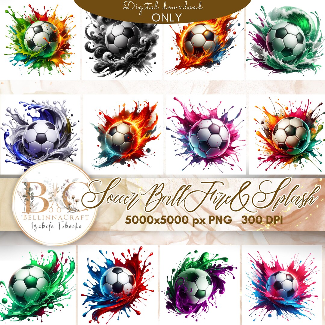 Watercolor Soccer Ball Fire and Splash Clipart, Soccer Printable Art ...