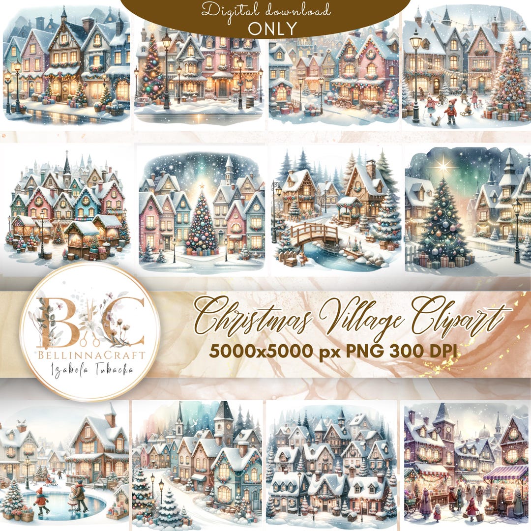 Christmas Village Clipart, Watercolor Cozy Winter Town, Whimsical ...