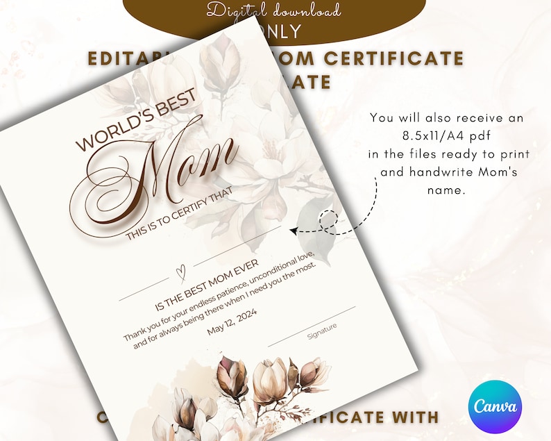Editable Best Mom Certificate Template Personalized Gift for Mother's ...