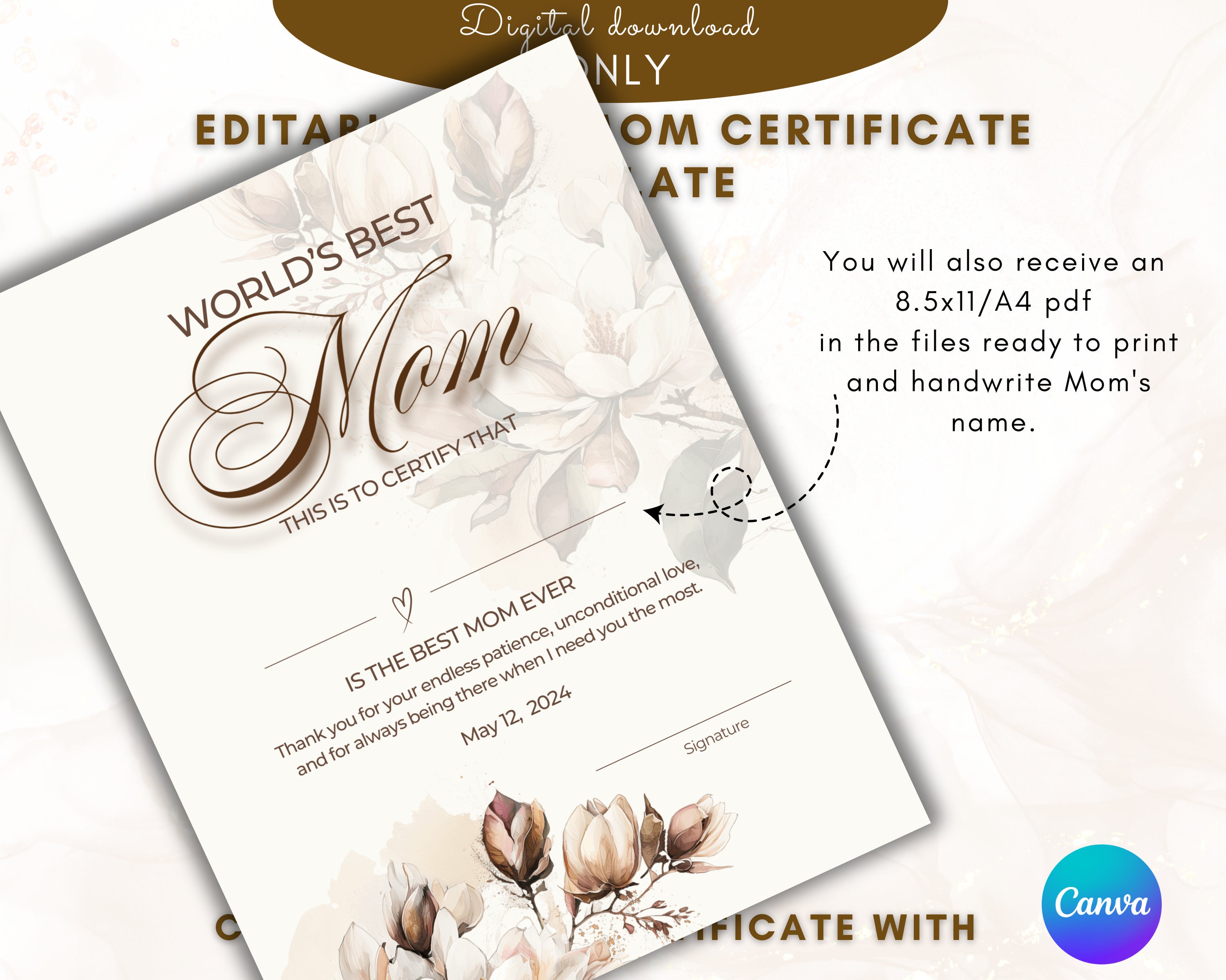 Editable Best Mom Certificate Template Personalized Gift for Mother's ...