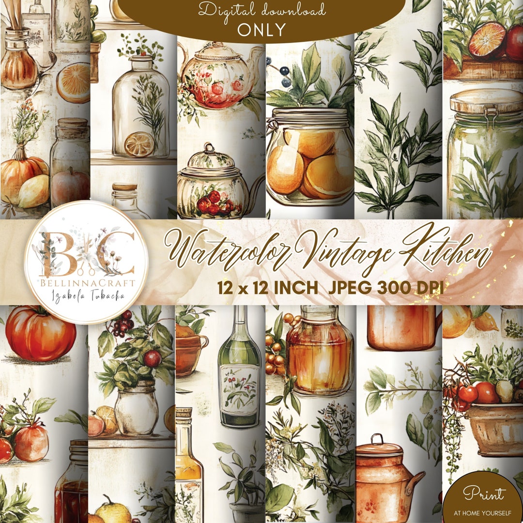 Watercolor Vintage Kitchen Seamless Digital Paper, Scrapbook Seamless ...