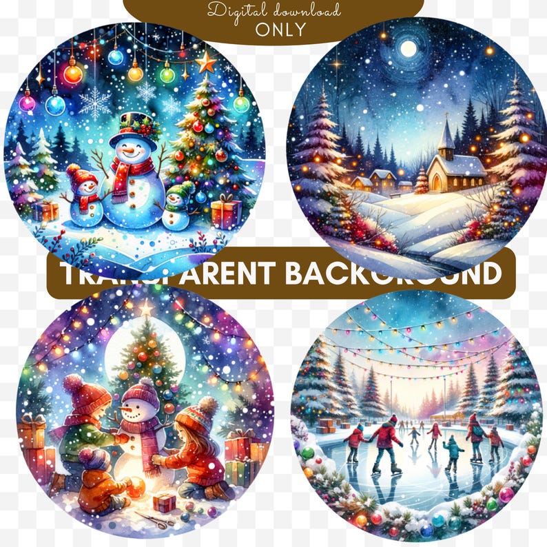 Watercolor Round Christmas Scenes Bundle, Christmas Landscapes ...