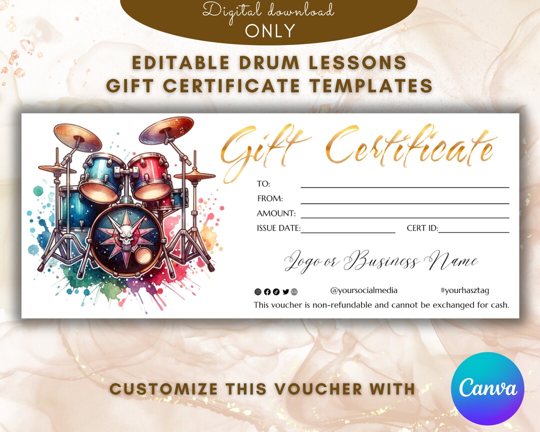 Editable Drum Lessons Gift Certificate Template Drum Lovers Ticket Gift ...