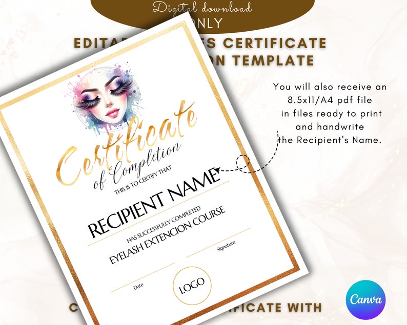 Lashes Certificate of Completion, Eyelash Extension Course Training ...