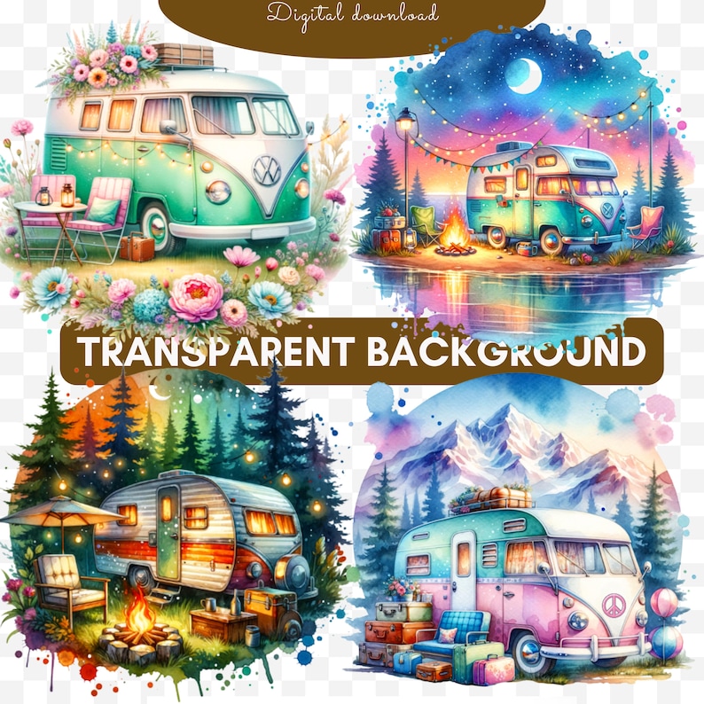 Watercolor Retro Camper Van Clipart, Vintage Caravan Clipart, Camping ...