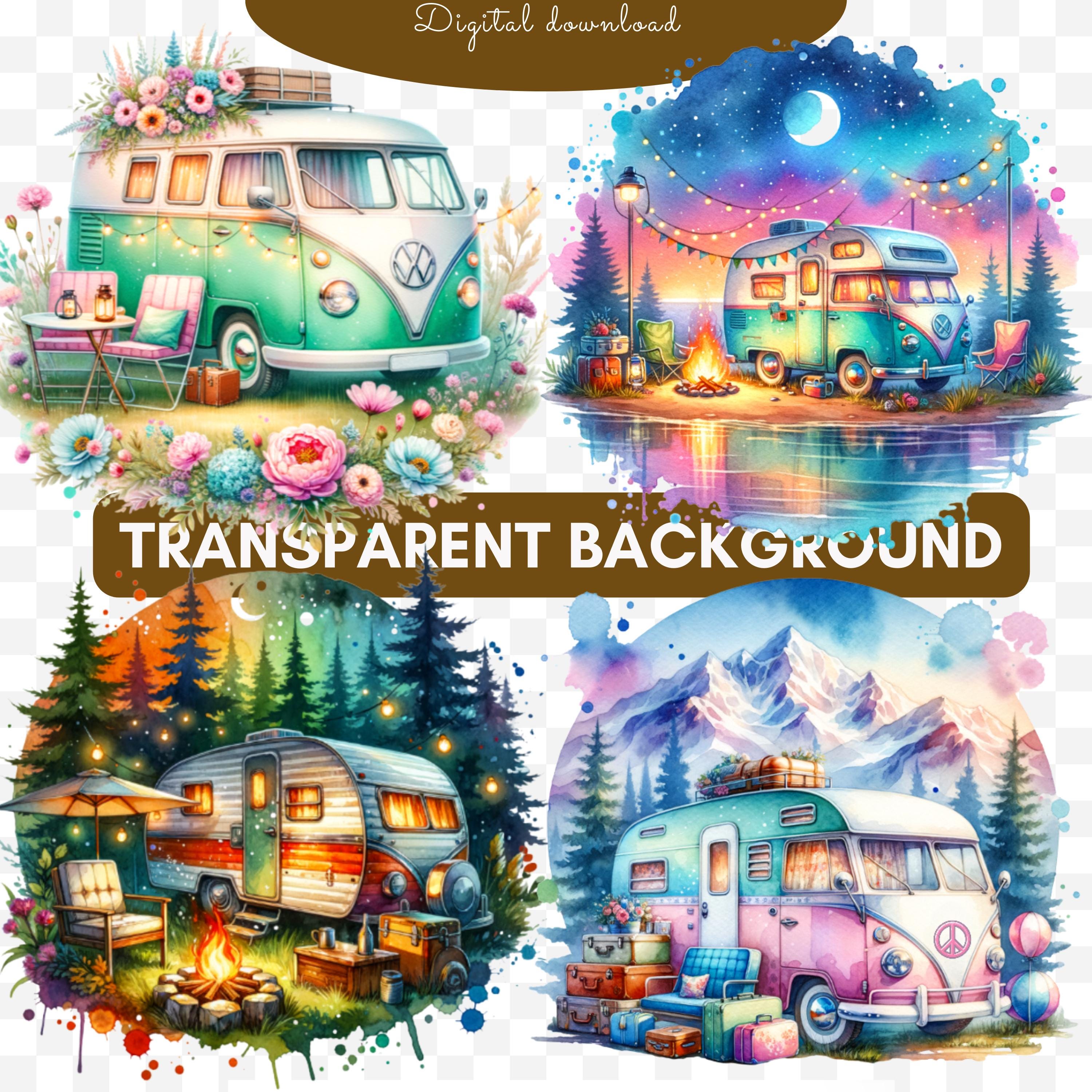 Watercolor Retro Camper Van Clipart, Vintage Caravan Clipart, Camping ...