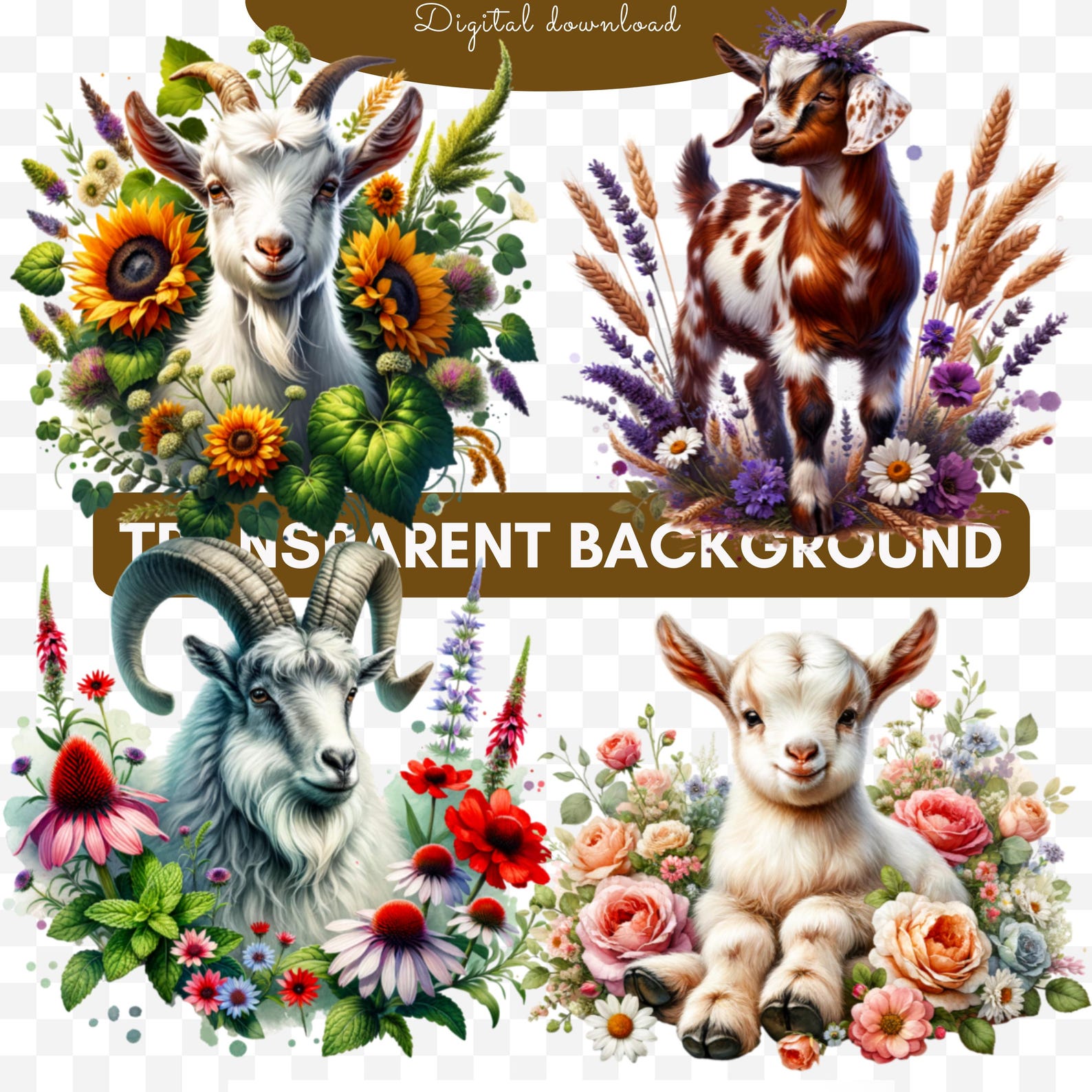 Watercolor Floral Goat Clipart Bundle, Farm Animal Illustrations, Cute ...