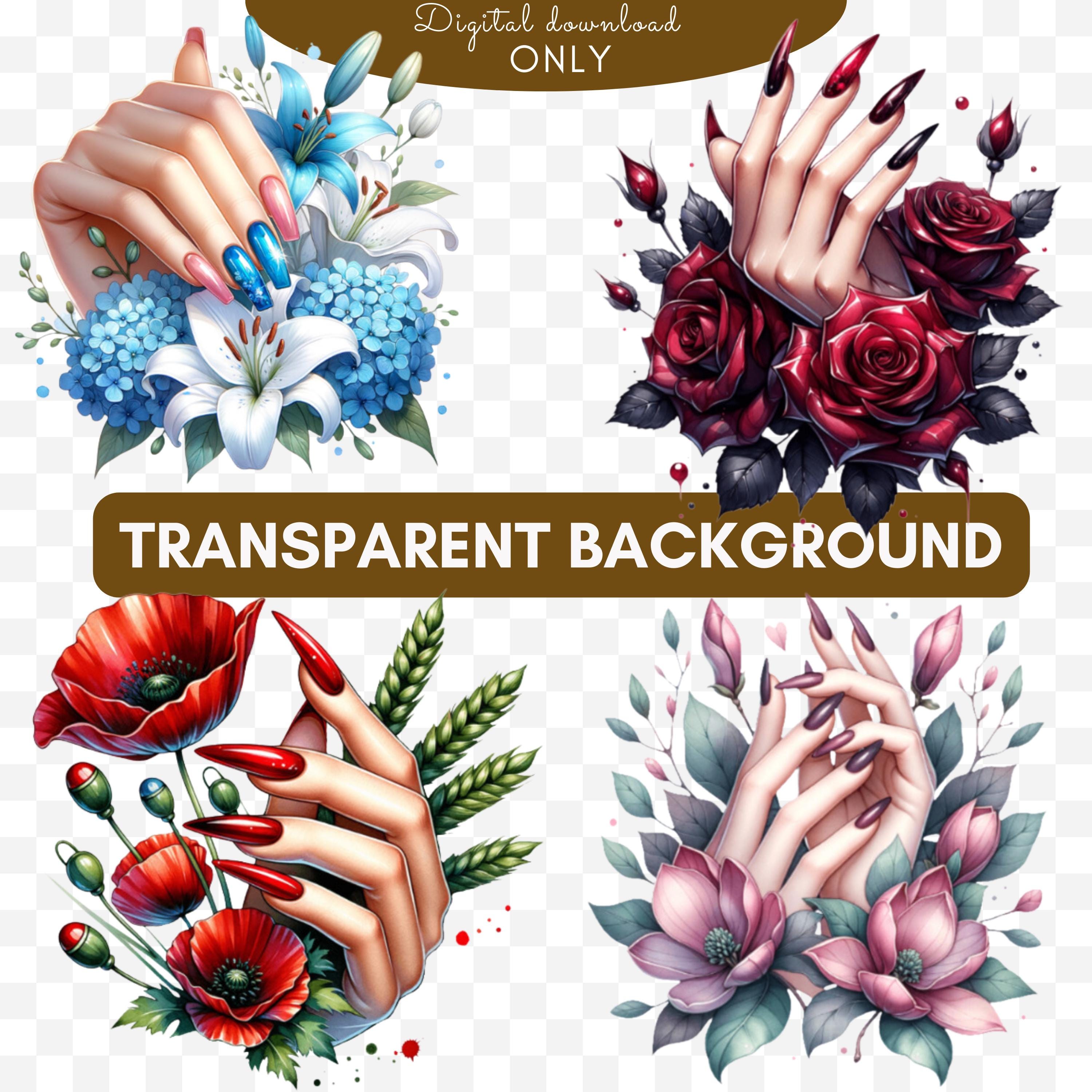 Watercolor Floral Nail Art Clipart, Trendy Manicure Hands, Nail Tech ...