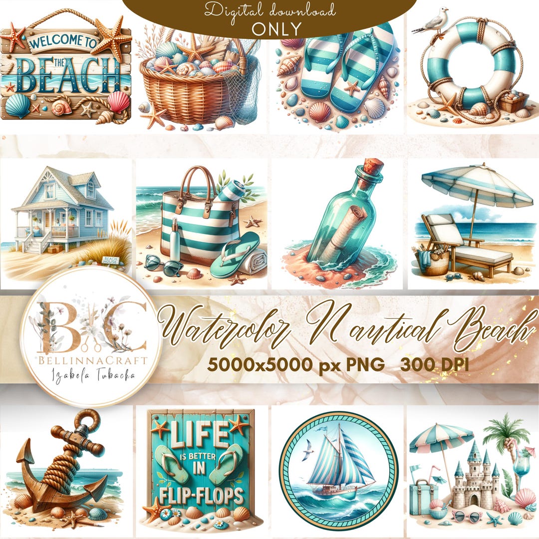 Watercolor Nautical Beach Clipart, Sailor Graphics, Vintage Beach ...