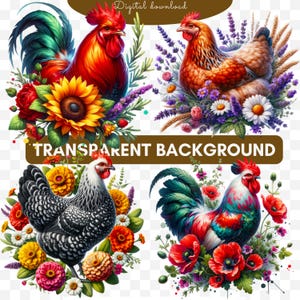 Watercolor Floral Chicken Clipart Bundle, Rooster & Hen Illustrations ...