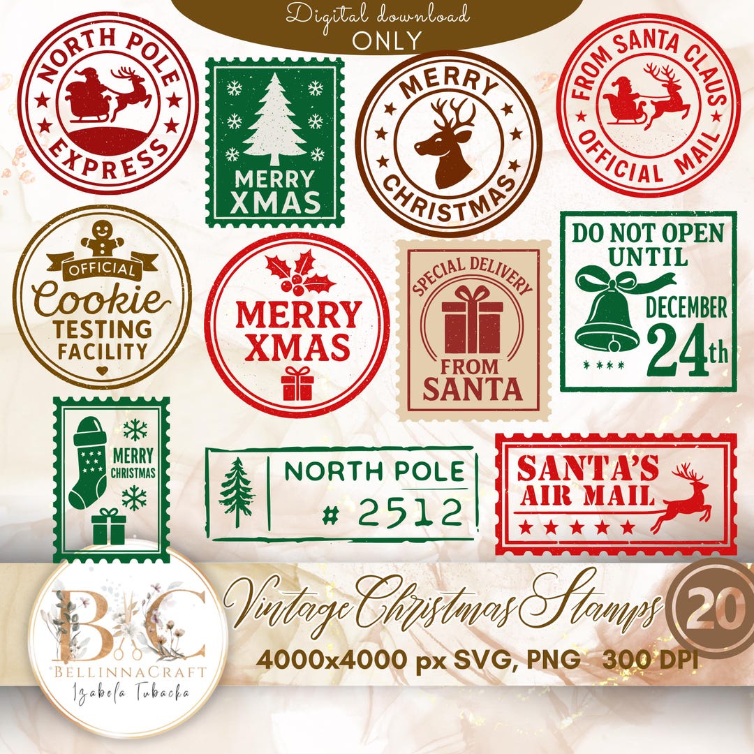 Vintage Christmas Stamps SVG Bundle, Retro Holiday Postmark Clipart ...