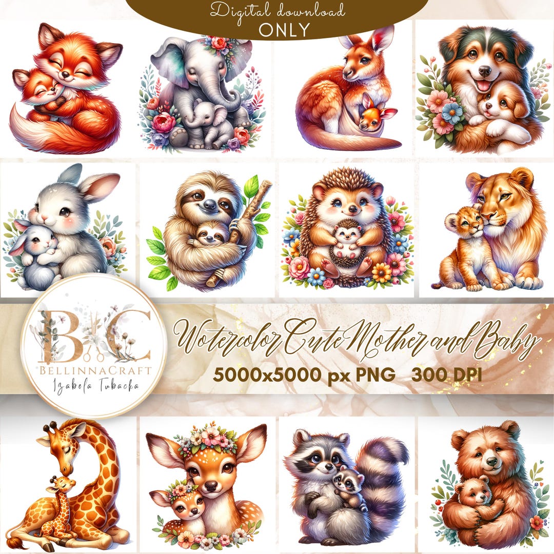 Watercolor Cute Mother and Baby Animal Clipart, Baby Animals Clipart ...