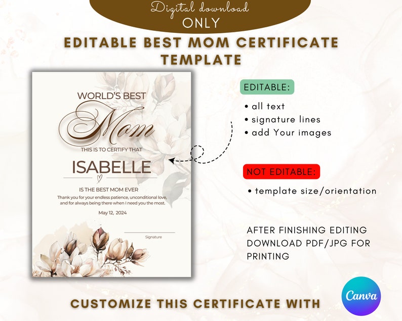 Editable Best Mom Certificate Template Personalized Gift for Mother's ...