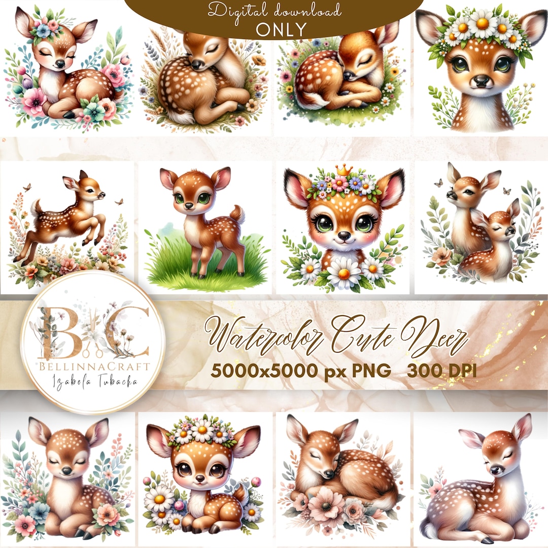 Watercolor Cute Deer Clipart, Woodland Fawn With Flowers, Forest Animal ...