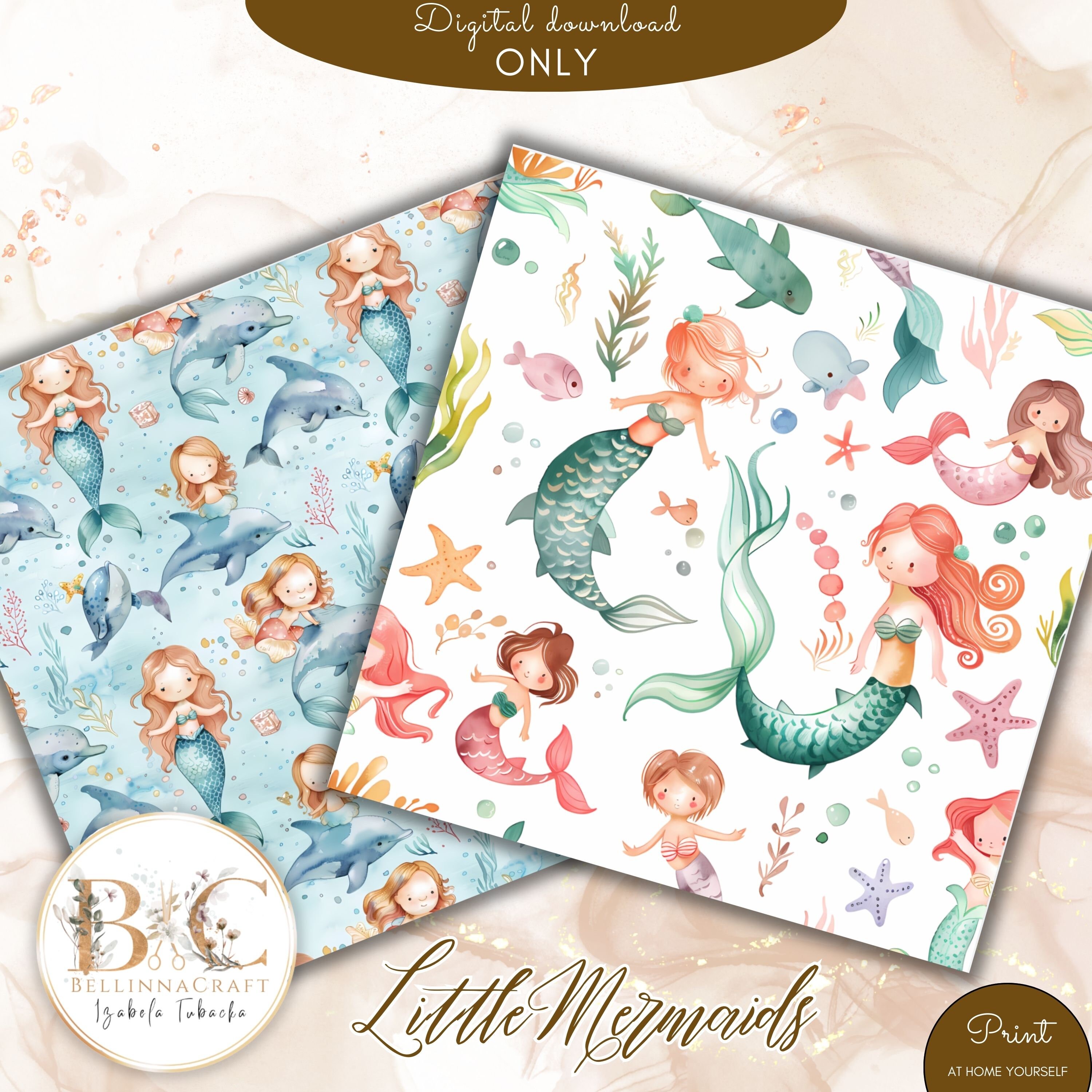 Watercolor Little Mermaids Seamless Digital Paper, Scrapbook Paper ...