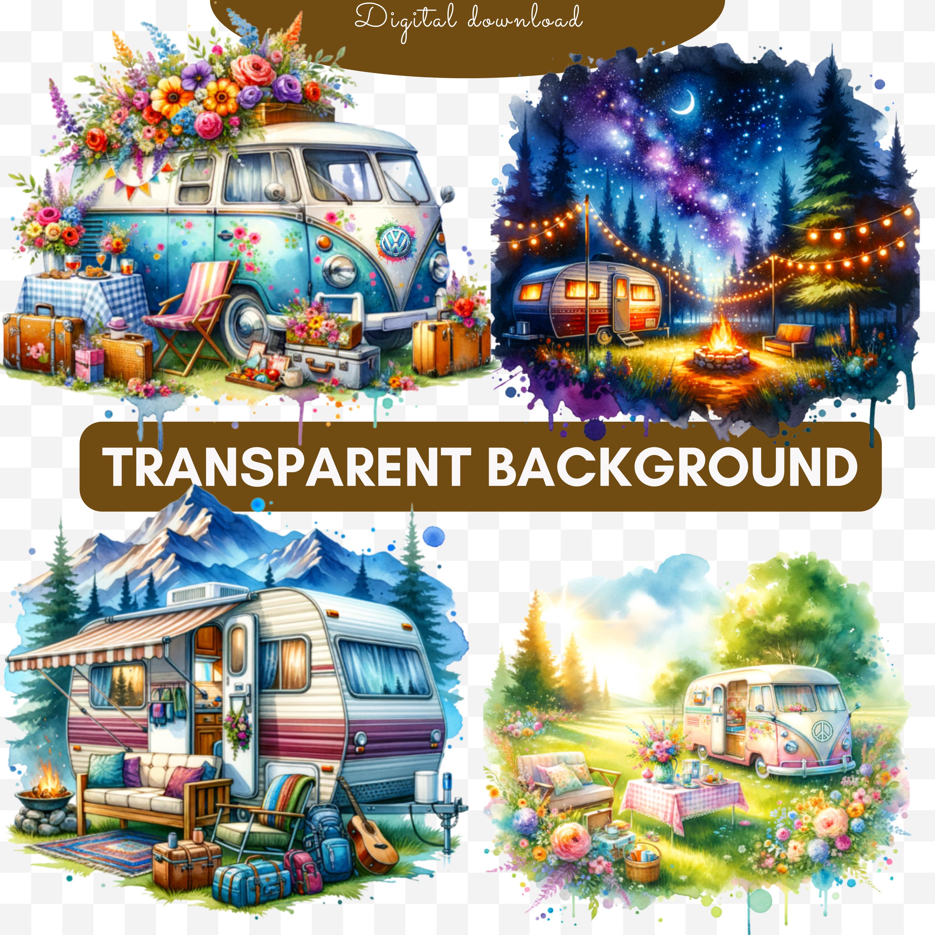 Watercolor Retro Camper Van Clipart, Vintage Caravan Clipart, Camping ...