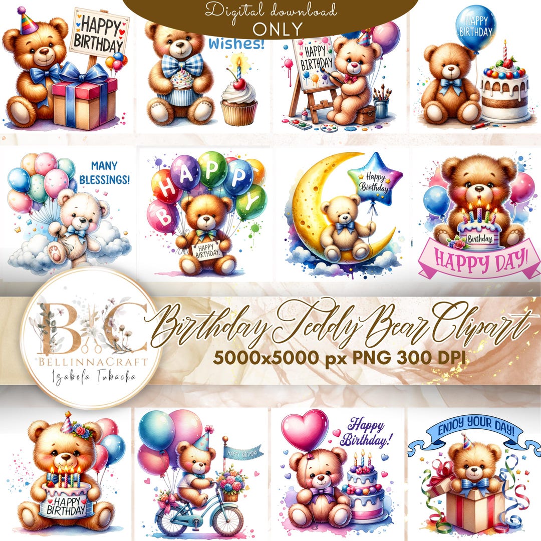 Watercolor Birthday Teddy Bear Clipart, Teddy Bear Birthday Party ...