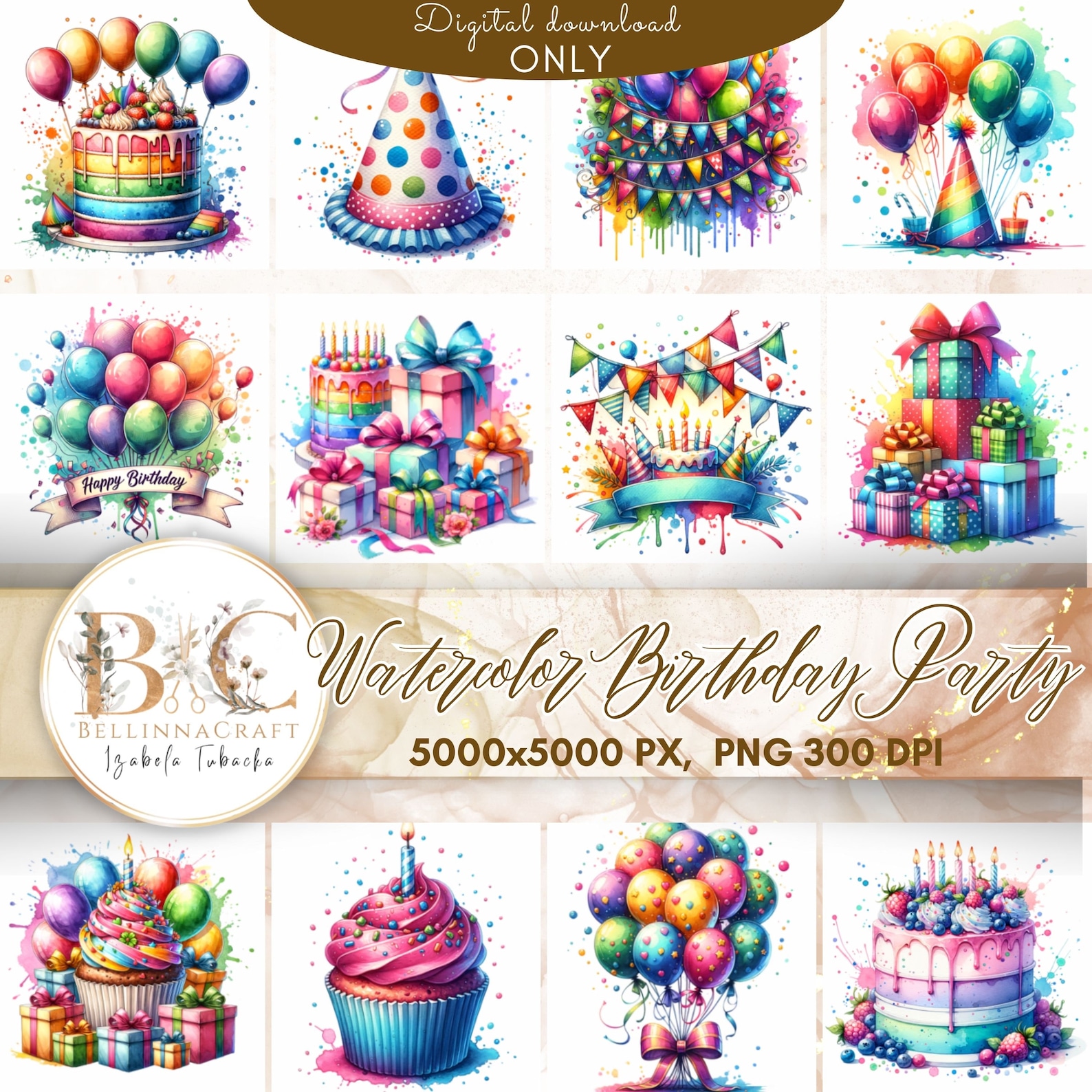 Watercolor Birthday Party Clipart, Cake Present Balloons Clipart Bundle ...