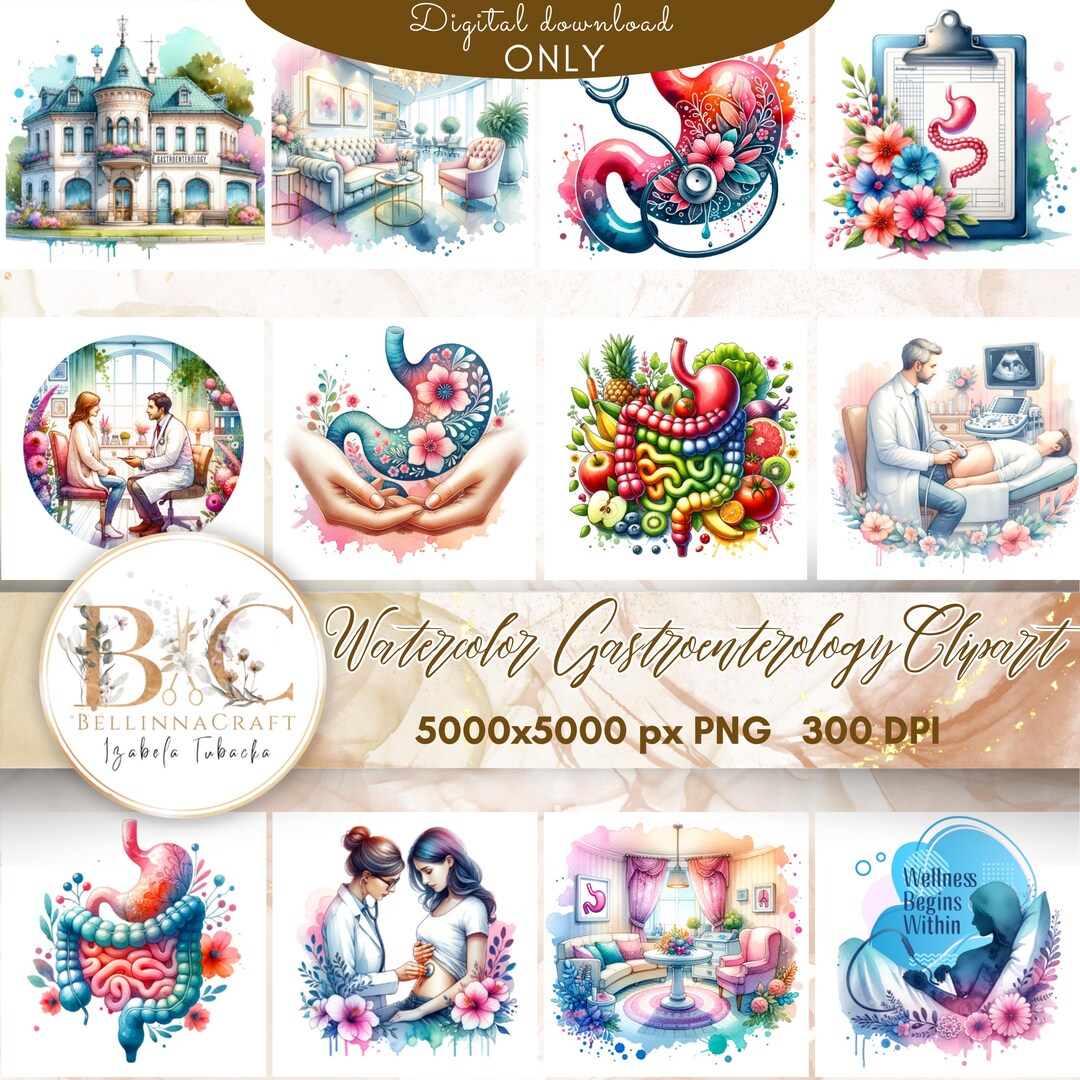 Watercolor Gastroenterology Clipart, Digestive System, GI Doctor Clinic ...