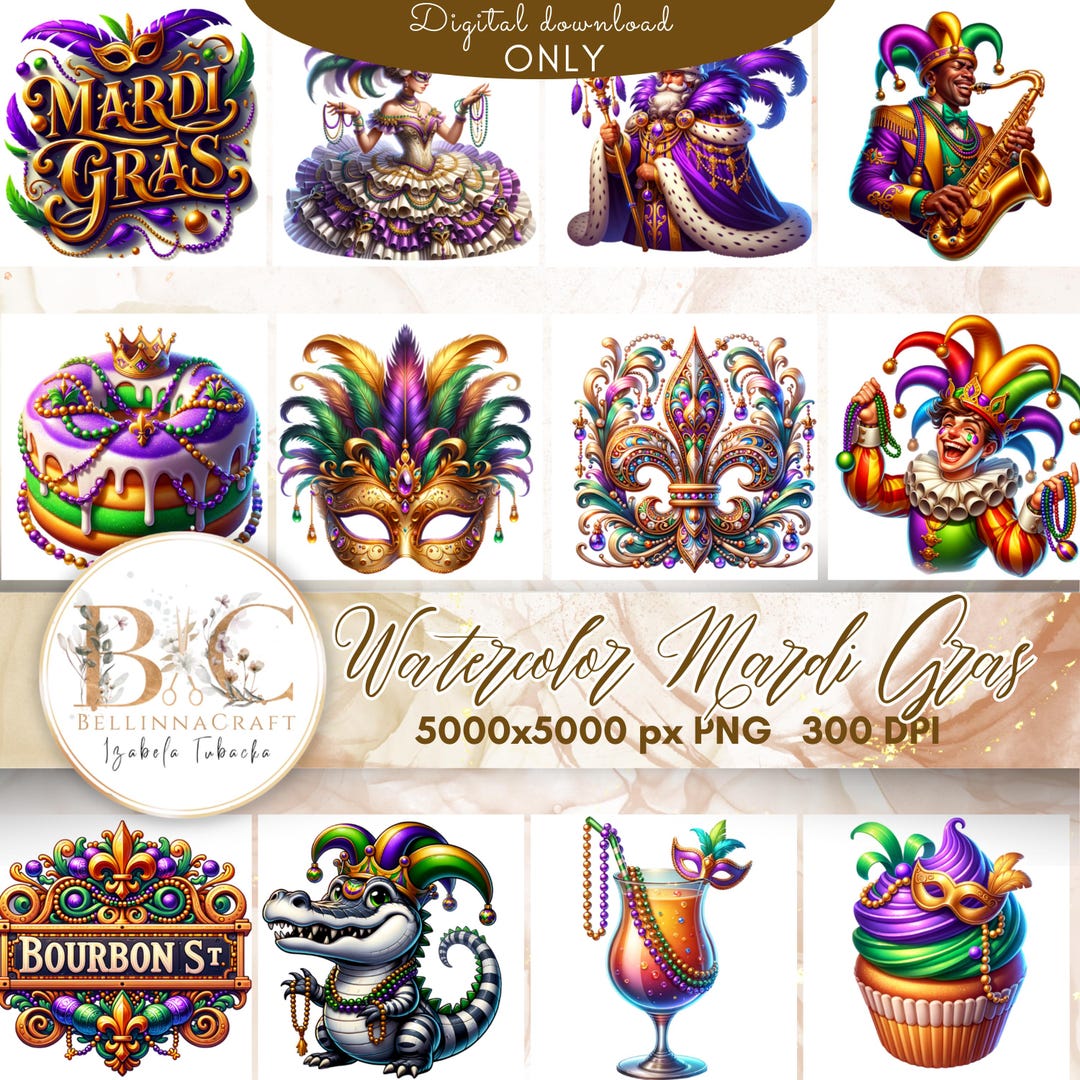 Watercolor Mardi Gras Clipart, New Orleans Clipart, Masquerade Carnival ...