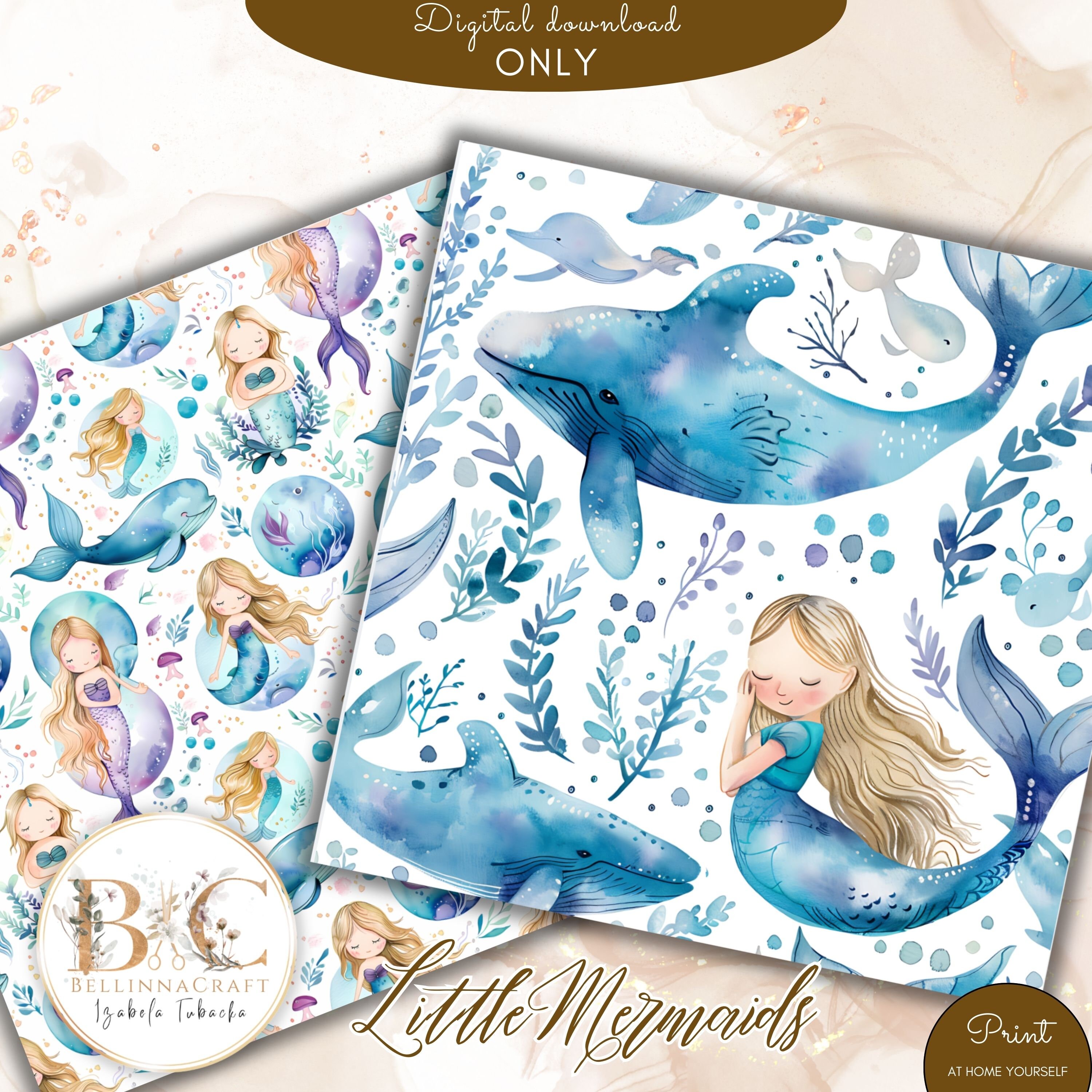 Watercolor Little Mermaids Seamless Digital Paper, Scrapbook Paper ...