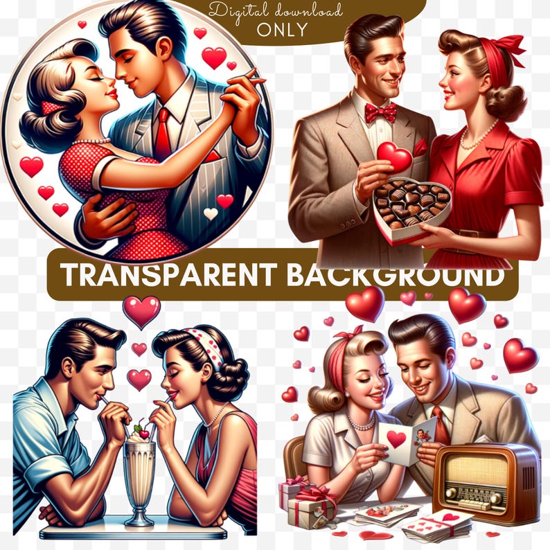 Retro 1950s Valentine's Day Clipart, Vintage Valentine, Retro Couple ...