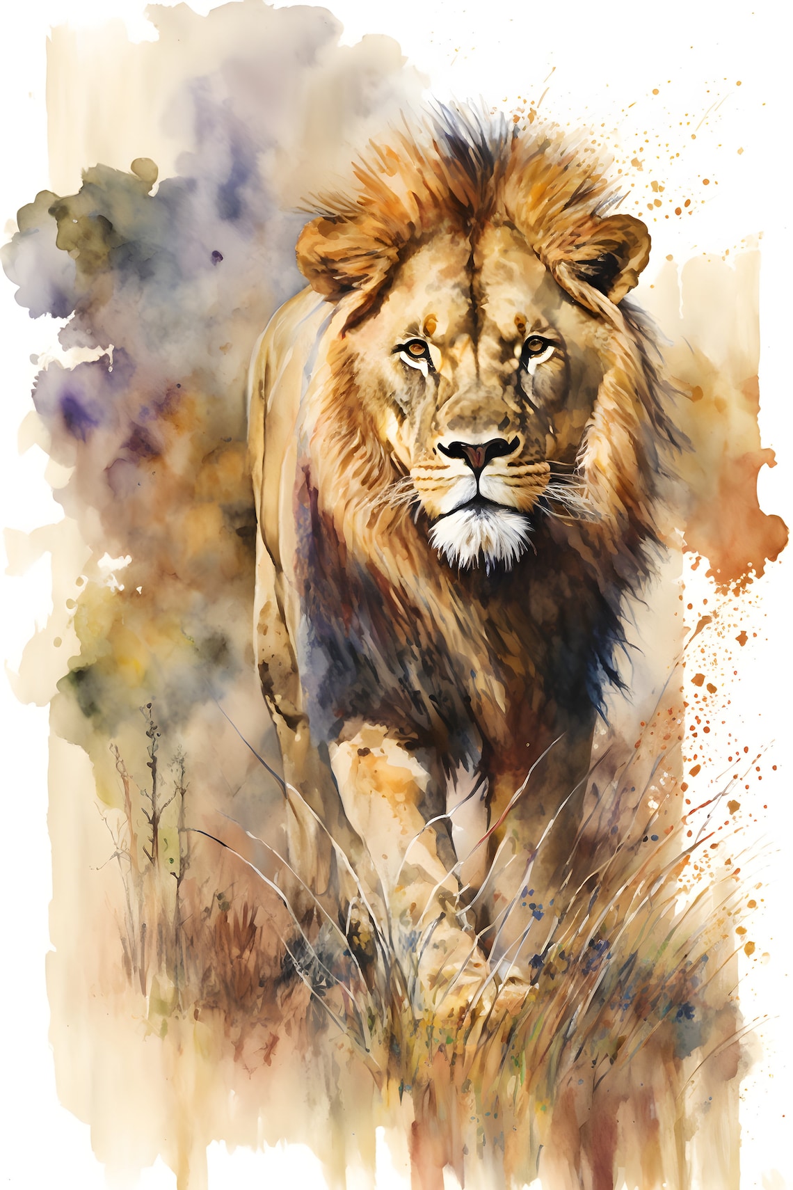 Great Lion in Savannah Wall Art Idea,lion HD Print,watercolor Print ...