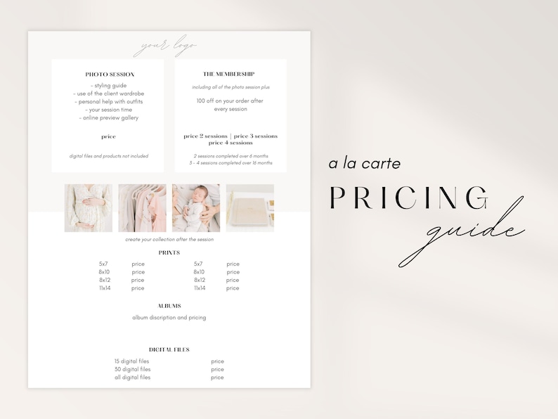 Photography Price Template for Canva, a La Carte Pricing Guide, One ...