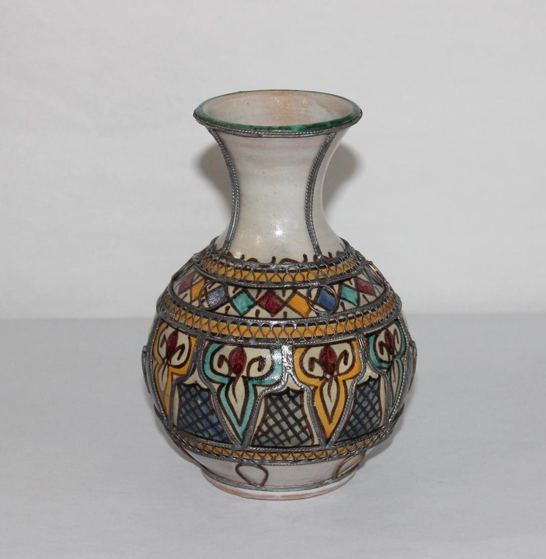 Moroccan Fez Pottery Vase With Filagree Overlay, Moroccan Fez Vase - Etsy