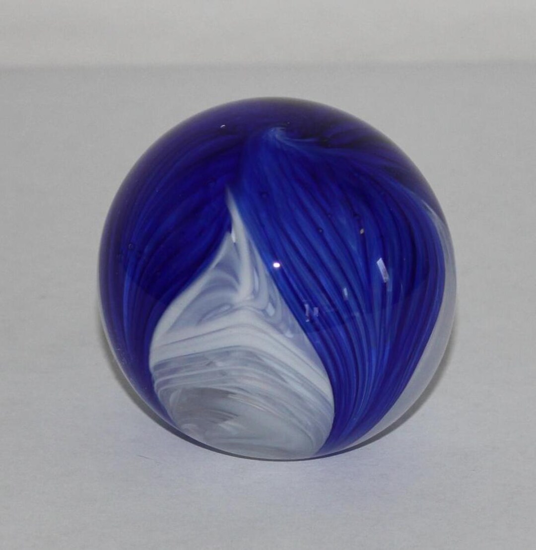 Jeff Butler Glass Paperweight, Blue and White Swirl Paperweight by Jeff ...