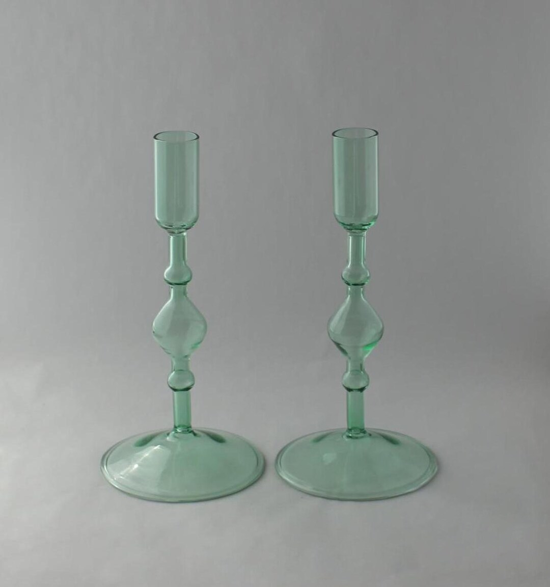 Pair of Hand Blown Green Art Glass Candlestick Holders, Borosilicate ...