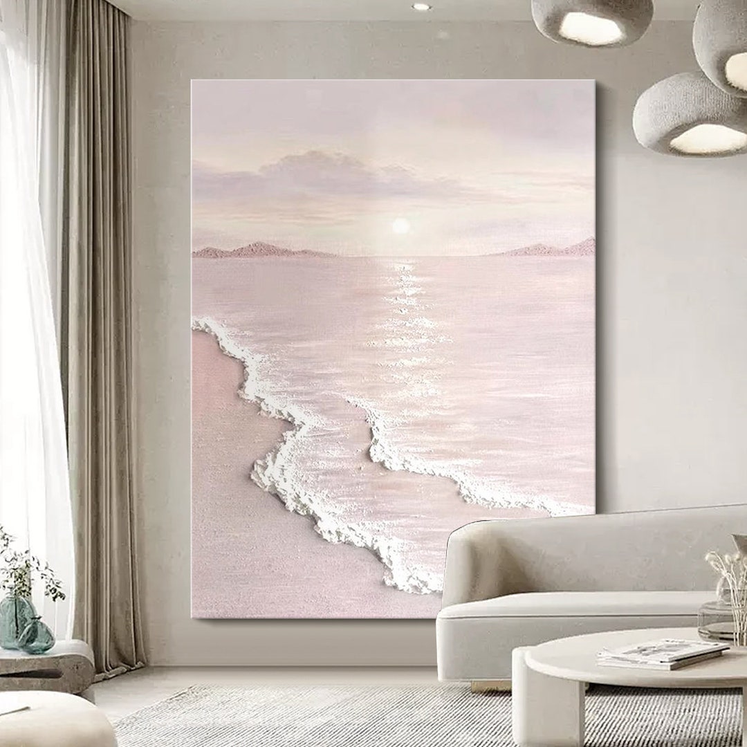 Large Nordic Pink Abstract Wall Beige 3D Texture Painting, Sea Canvas ...