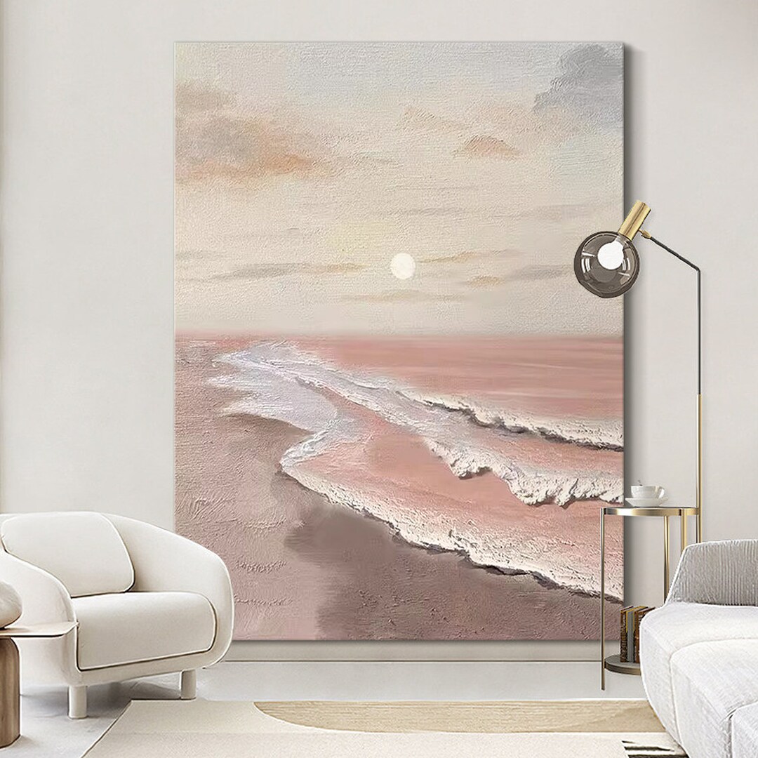 Large Nordic Pink Abstract Wall Beige 3D Texture Painting, Sea Canvas ...