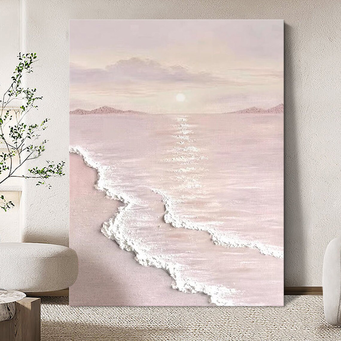 Large Nordic Pink Abstract Wall Beige 3D Texture Painting, Sea Canvas ...