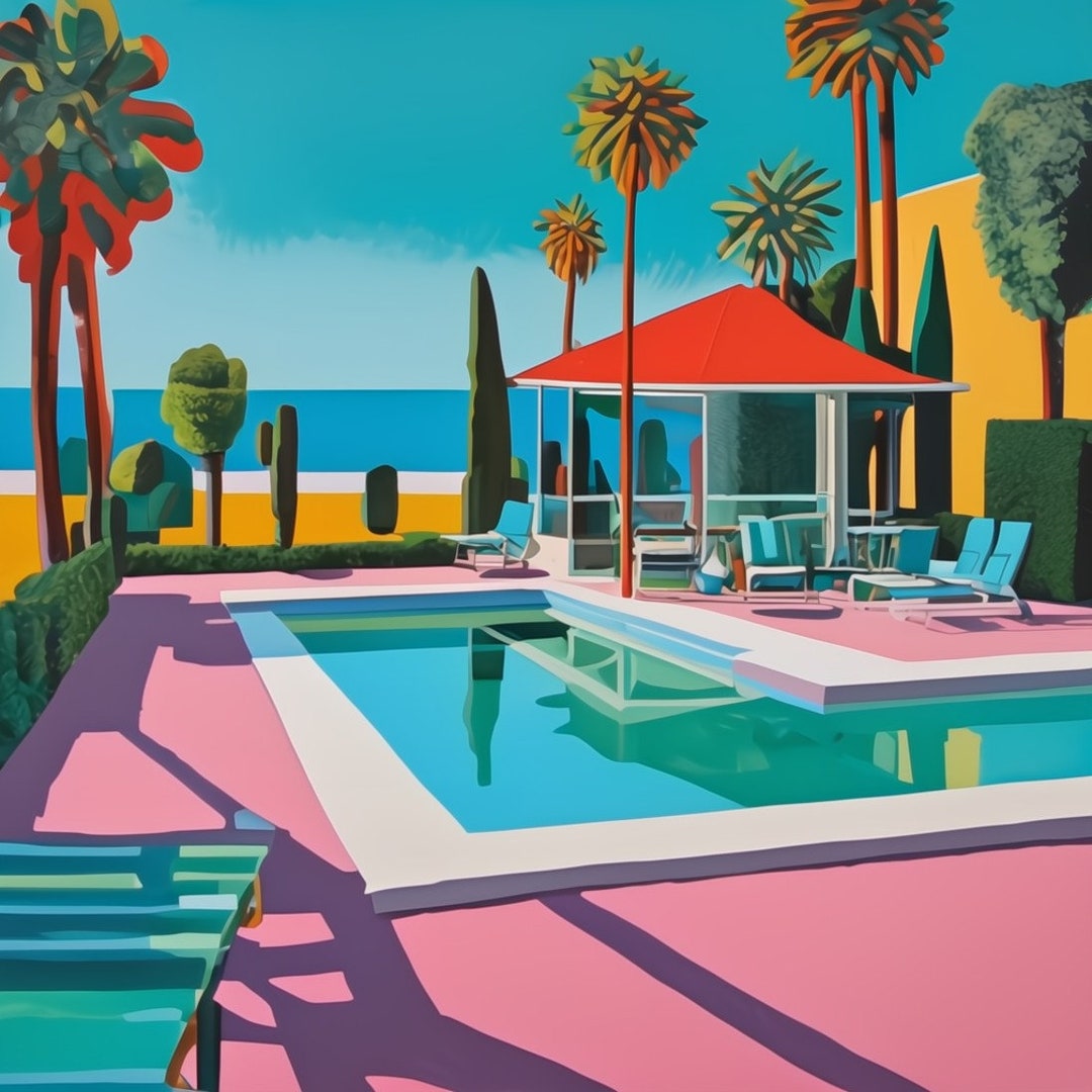 Mid Century Pop Art Scene Retro Landscape Outdoor Sea View Summer Pool ...