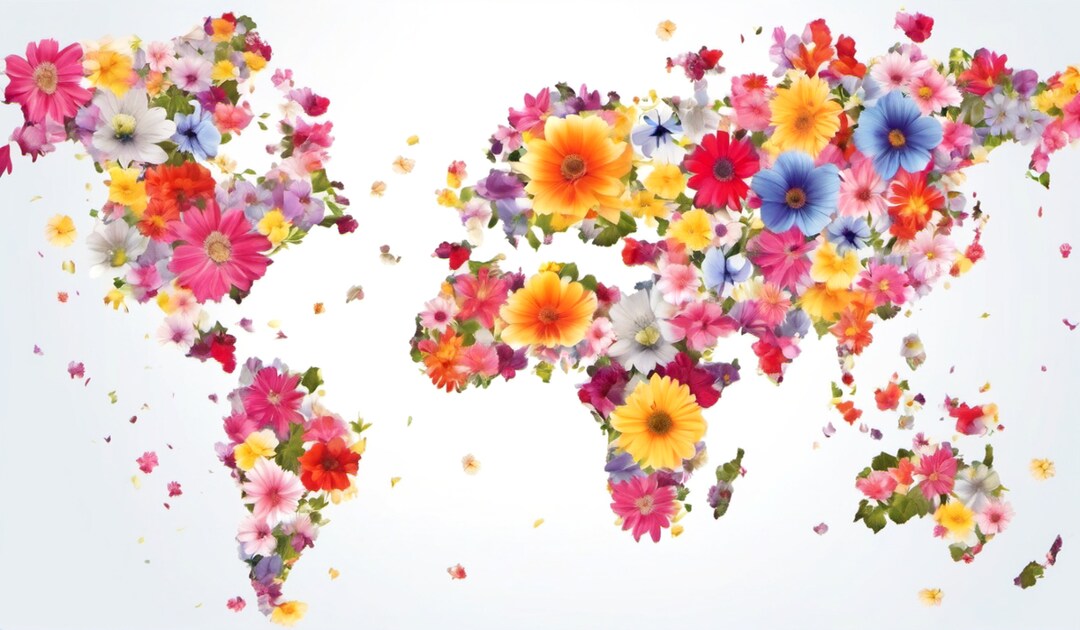 Summer Flowers Flora Avantgarde World Map Print Pinboard Wall Art Map ...