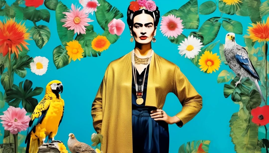 Hommage Frida Kahlo Paradise Flora Parrot Flowers Colorful Avantgarde ...