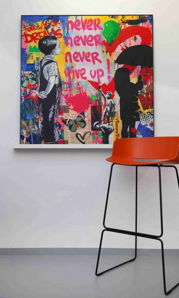 Motif Banksy Homage Never Give up Limited Edition/recycled Denim/screen ...