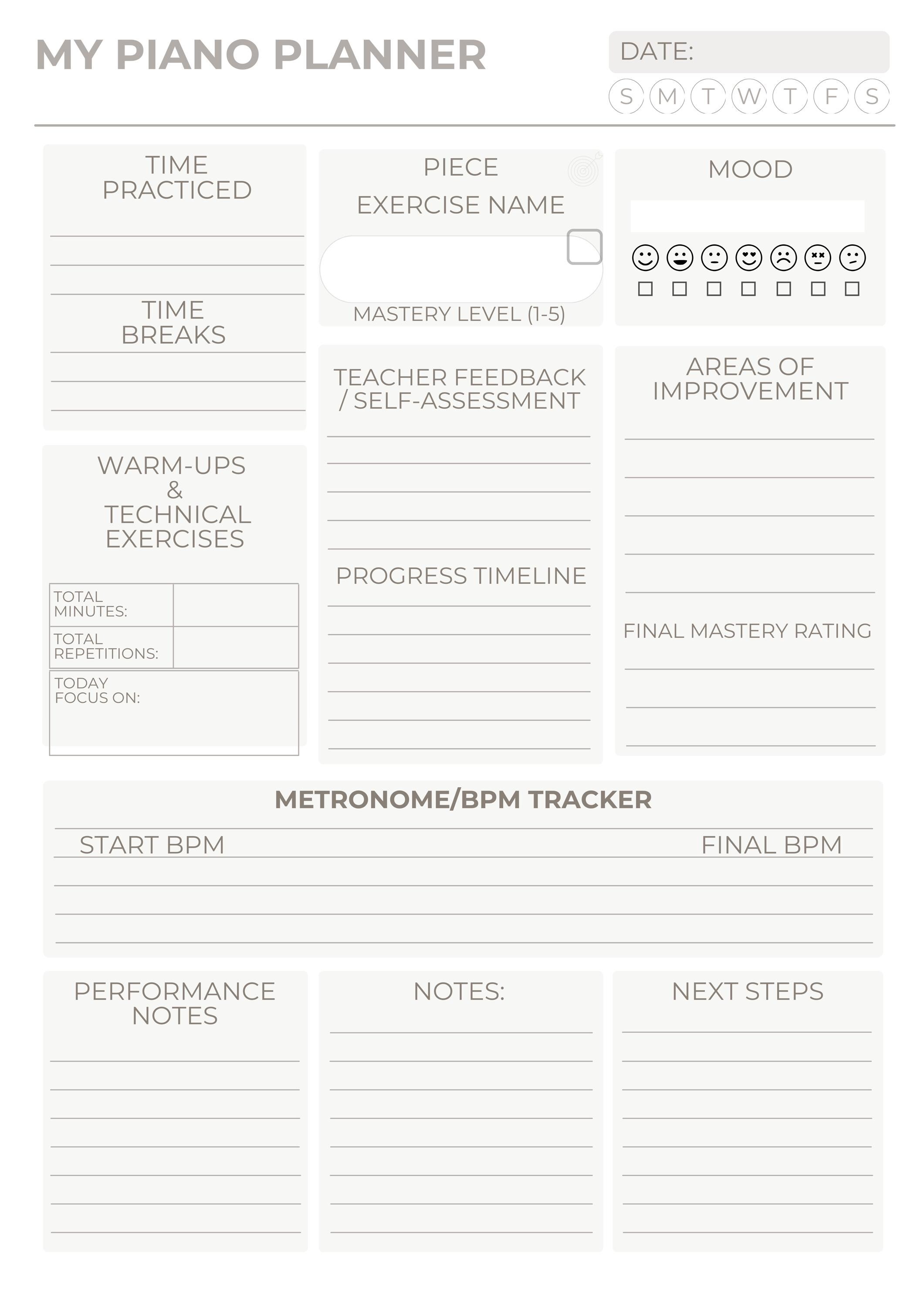 Printable Piano Practice Planner – Music Journal, Repertoire Log ...