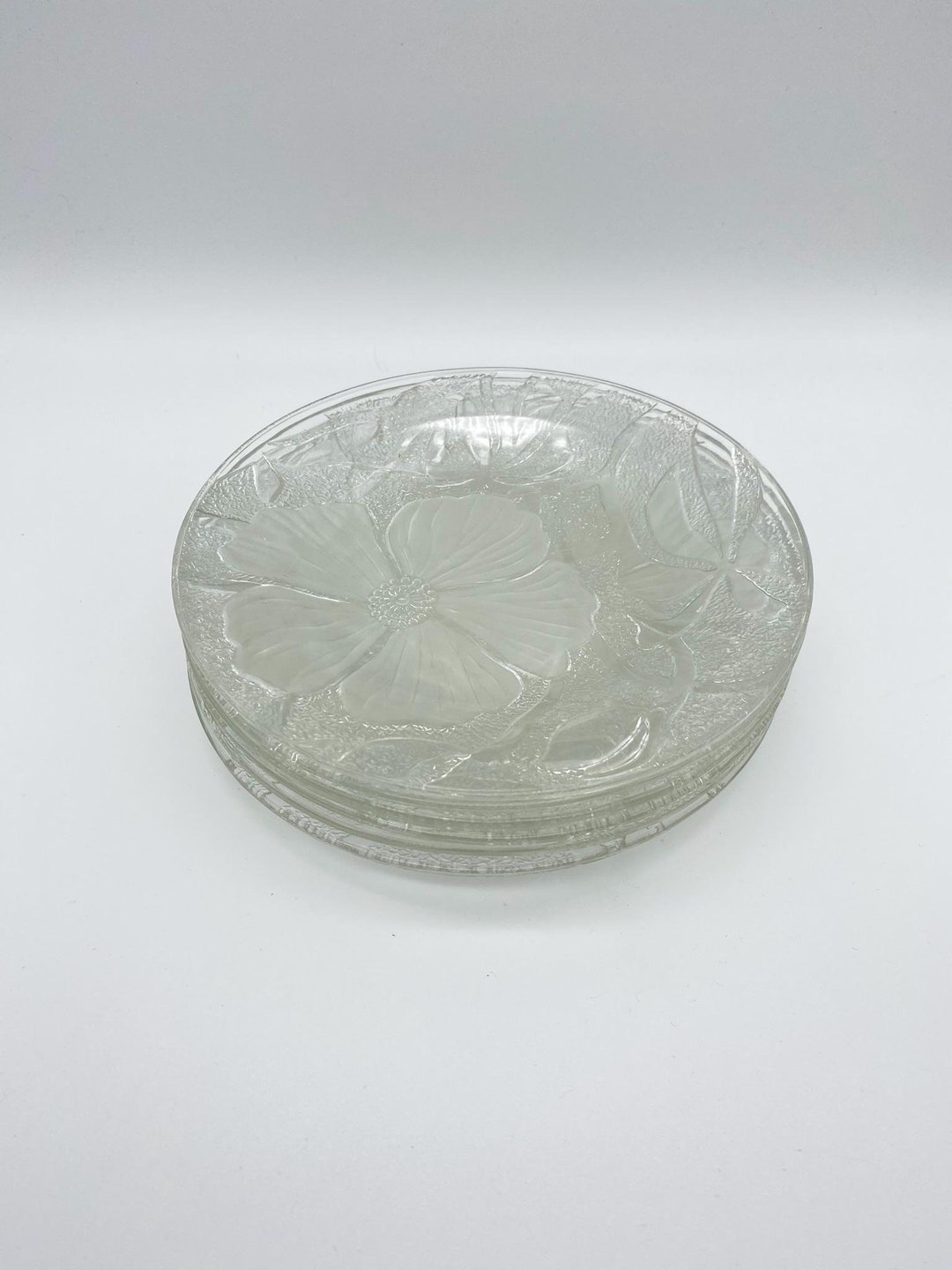 Vintage KIG Indonesia Set of 6 Clear & Frosted Glass Plates Floral ...