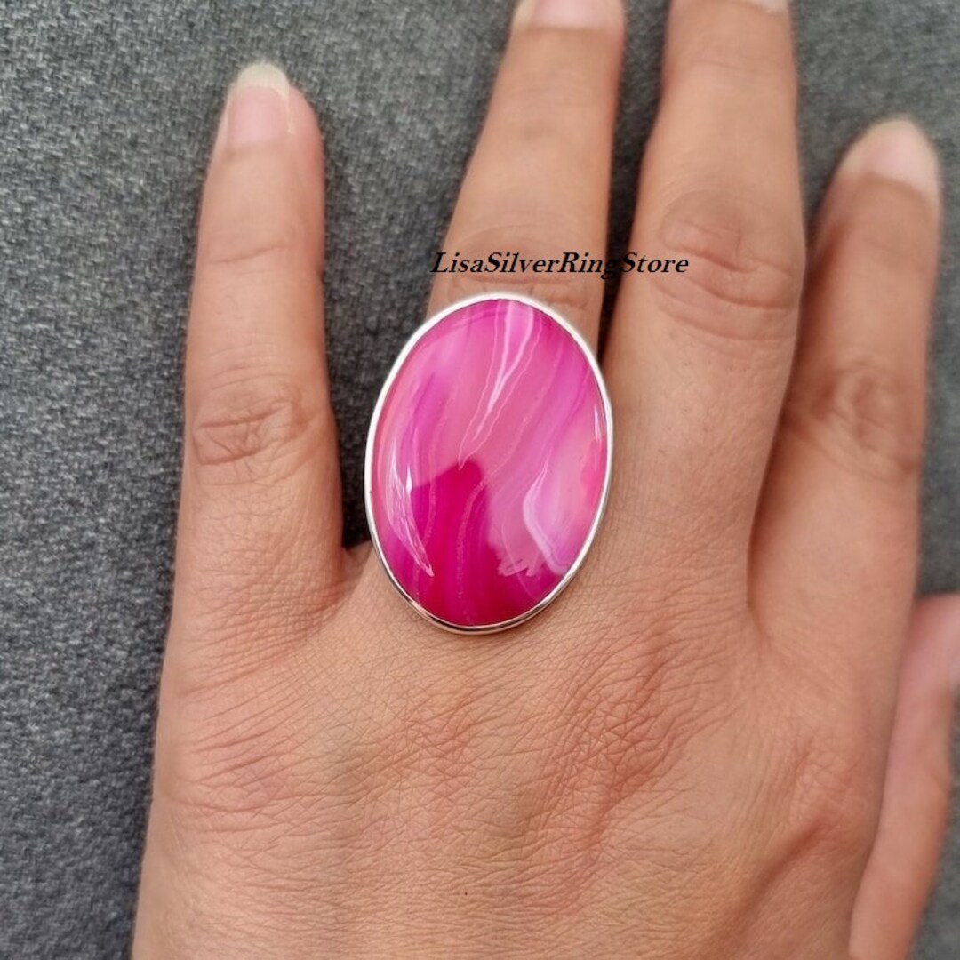 Pink Agate Jewelry ,925 Silver Statement Ring, Pink Agate Crystal Ring ...