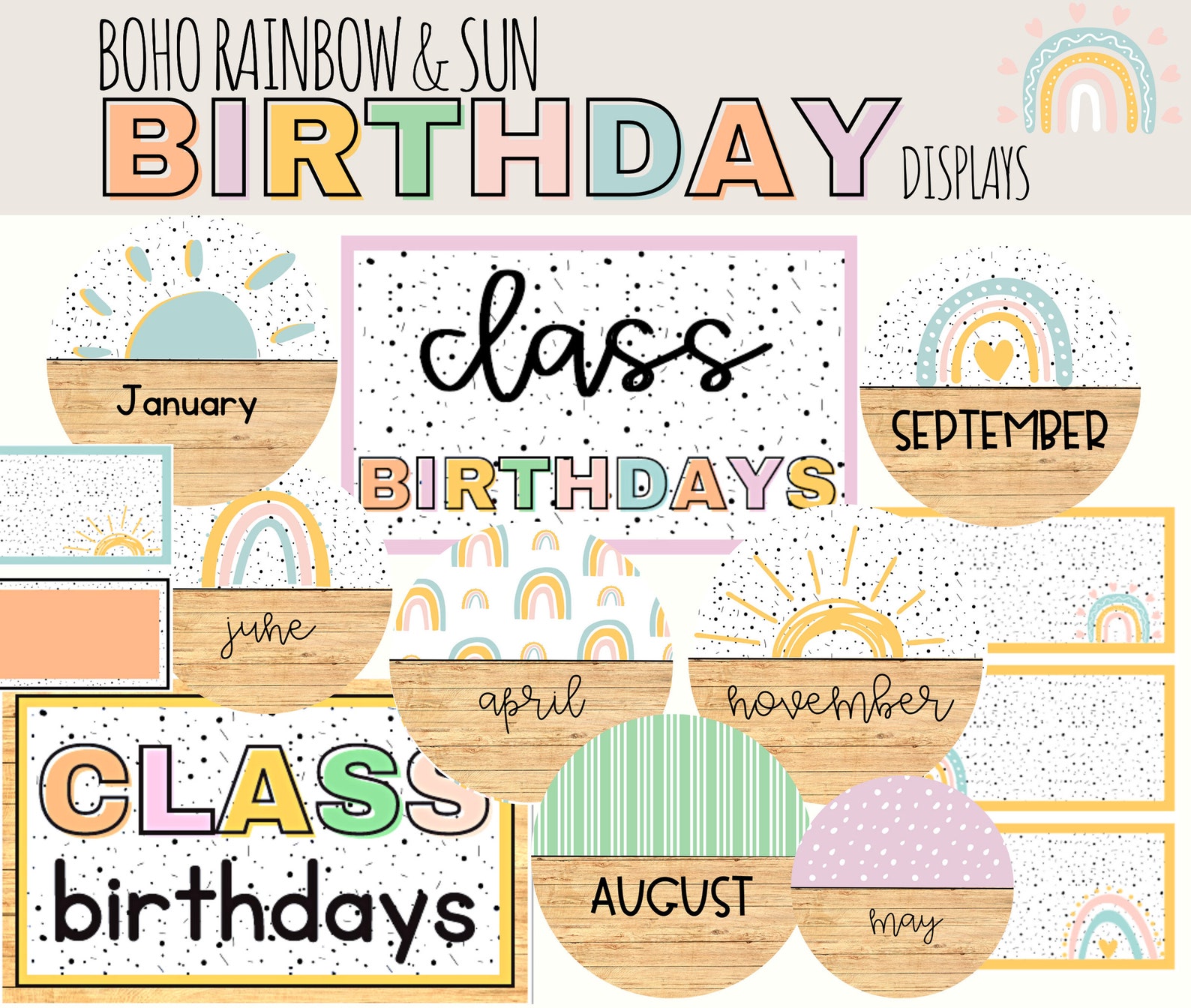 Boho Rainbow & Sky Classroom Birthday Displays Modern Retro - Etsy