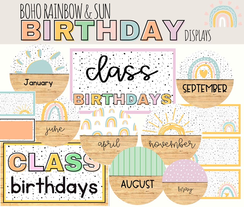 Boho Rainbow & Sky Classroom Birthday Displays Modern Retro - Etsy