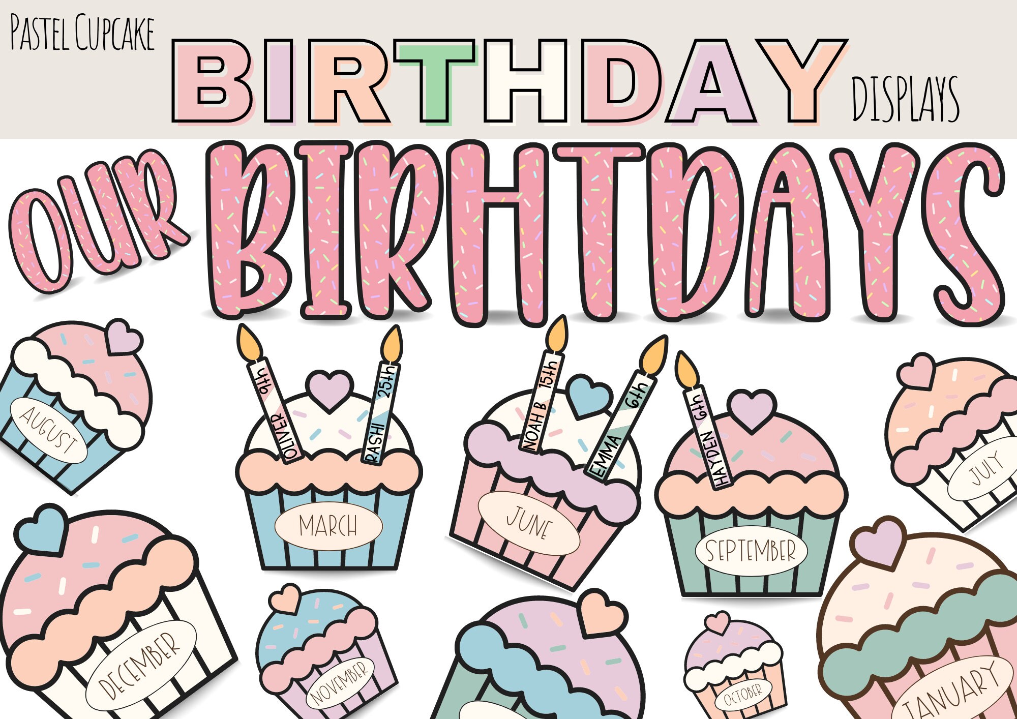 CUPCAKE BIRTHDAY Classroom Display Birthday Posters Boho Bulletin Board ...
