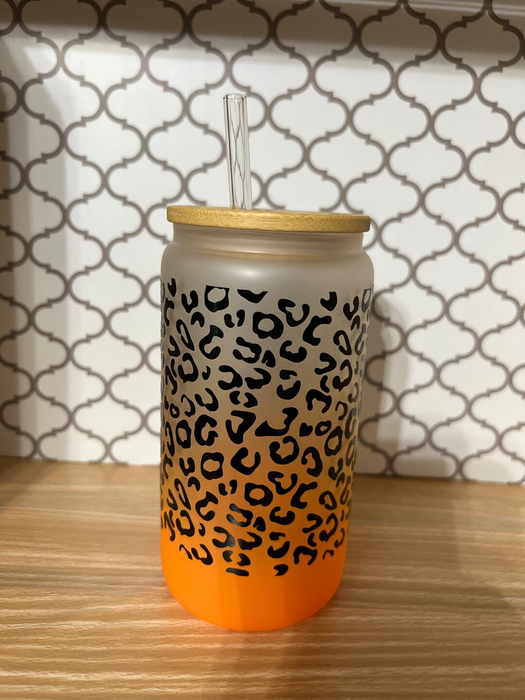 Cheetah Print Frosted Glass Cup With Bamboo Lid - Etsy
