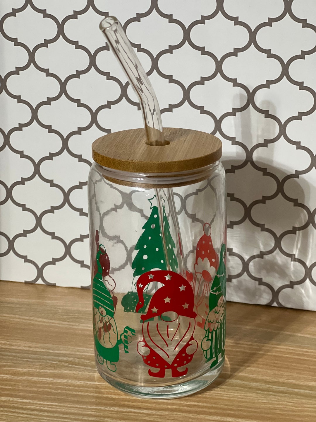 Christmas Gnome Glass Cup: 16oz Iced Coffee Tumbler With Bamboo Lid ...